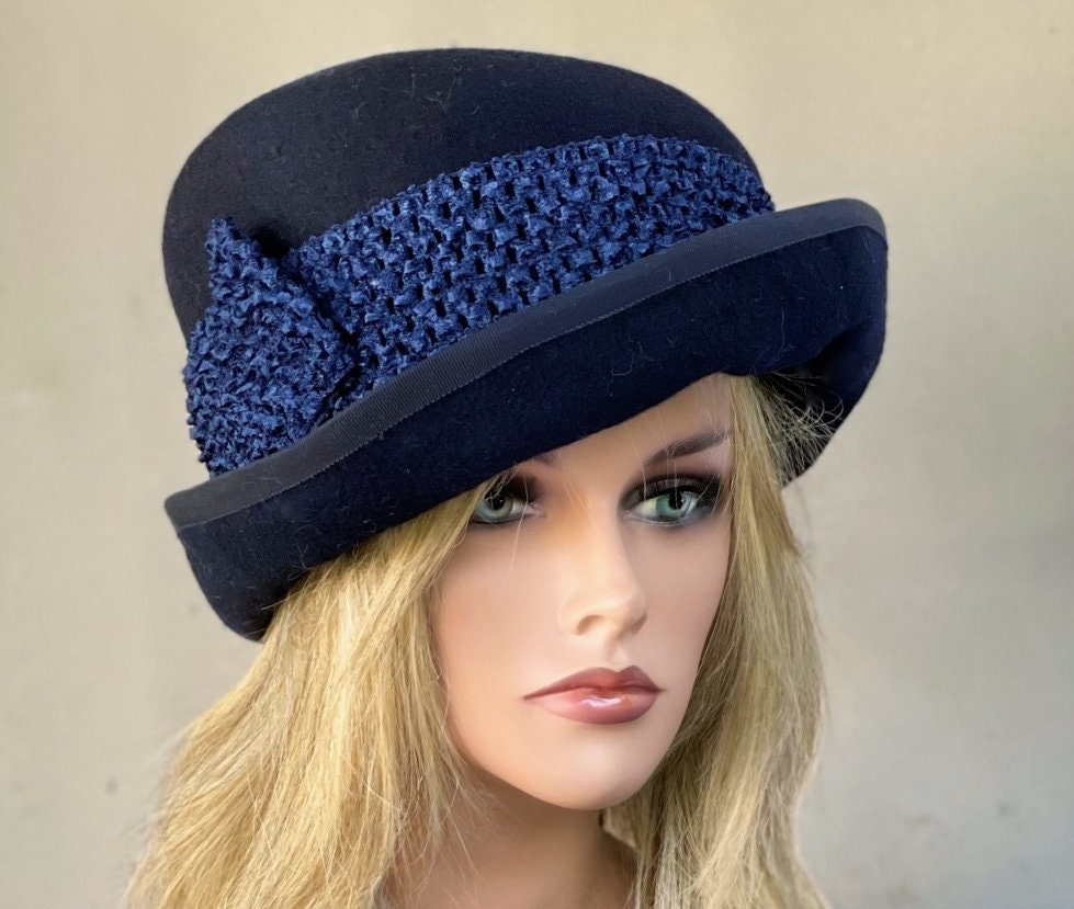 Women's Navy Mad Hatter Cloche Hat, Ladies Navy Winter Hat, Women's ...