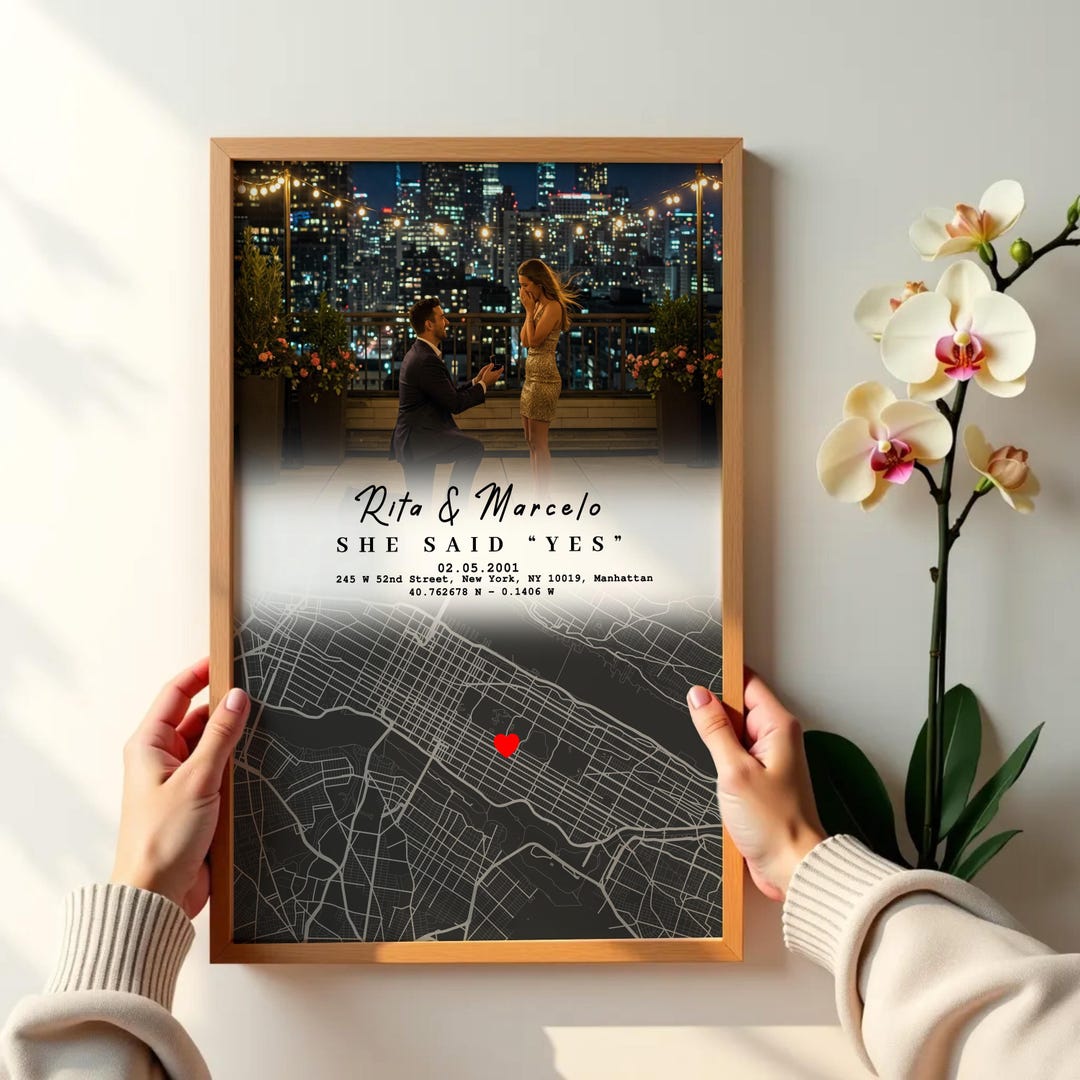 Custom Engagement Map With Photo, Special Place and Date Gift for ...