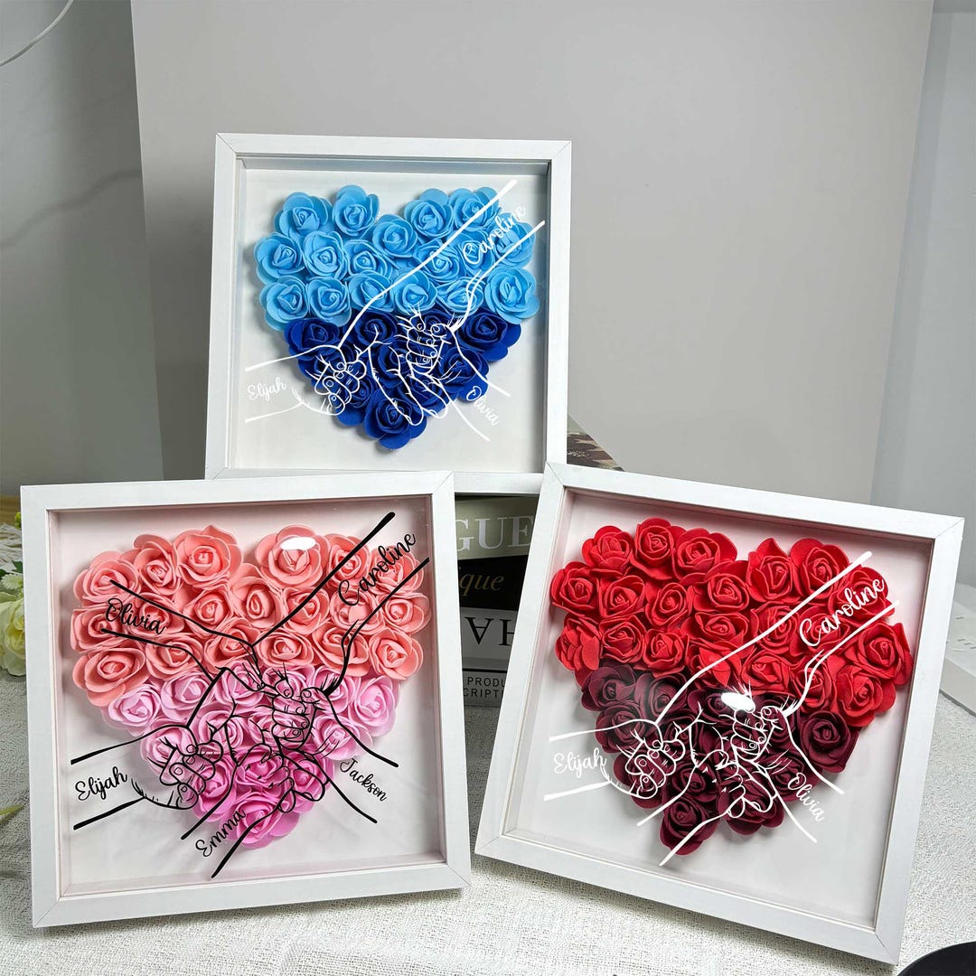 Custom Flower Handprints Shadow Box, Personalized Rose Photo Frame With ...