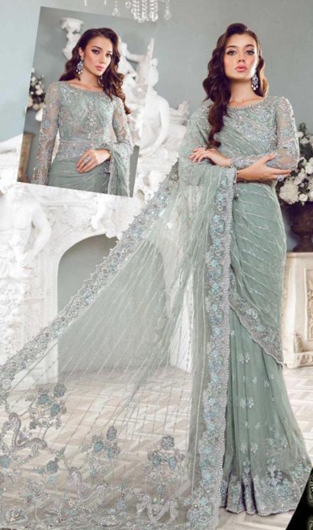 Luxury Pakistani Indian Organza Saree Suit – Hand Embroidered, Heavy ...
