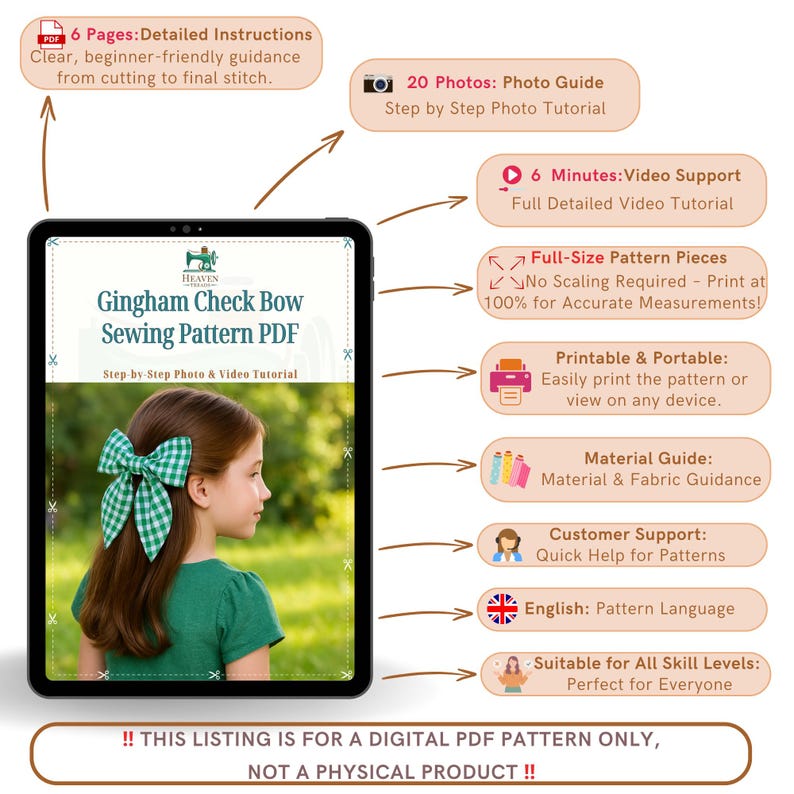 Gingham Check Easy Sewing Bow Pattern, Retro Style Fabric Hair ...