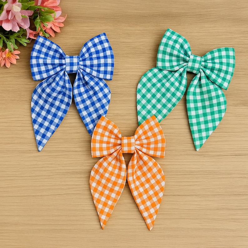 Gingham Check Easy Sewing Bow Pattern, Retro Style Fabric Hair ...