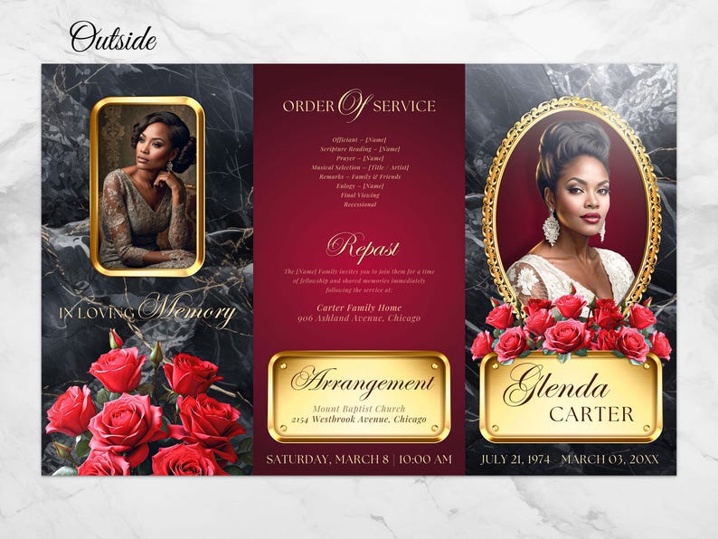 Women's Funeral Program Template – Red Roses Obituary (canva, 11x17 ...