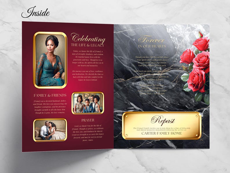 Red & Gold Funeral Program Template - Obituary Booklet (digital ...