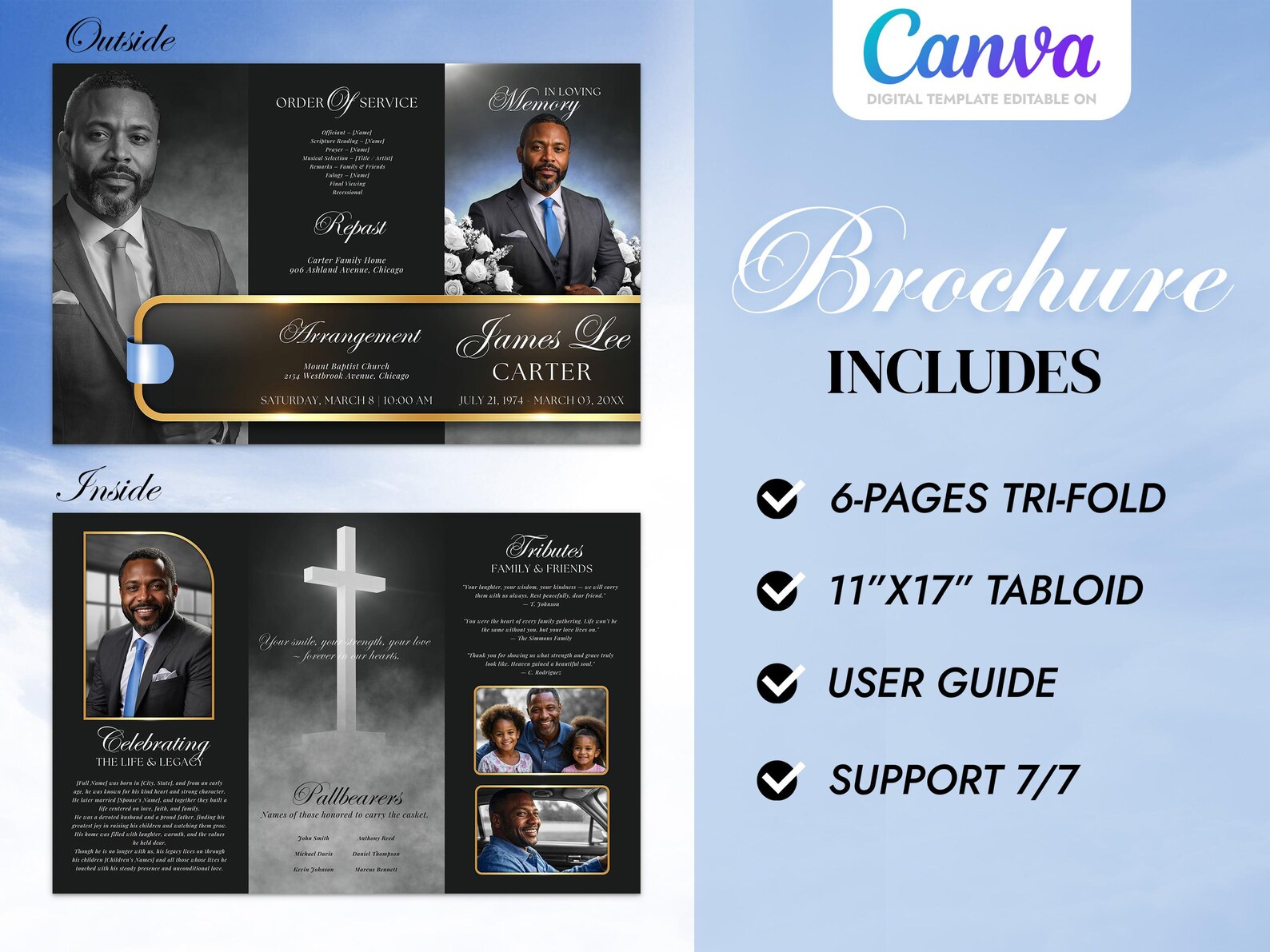 Mens Funeral Program Template - Obituary Trifold Template for Men ...