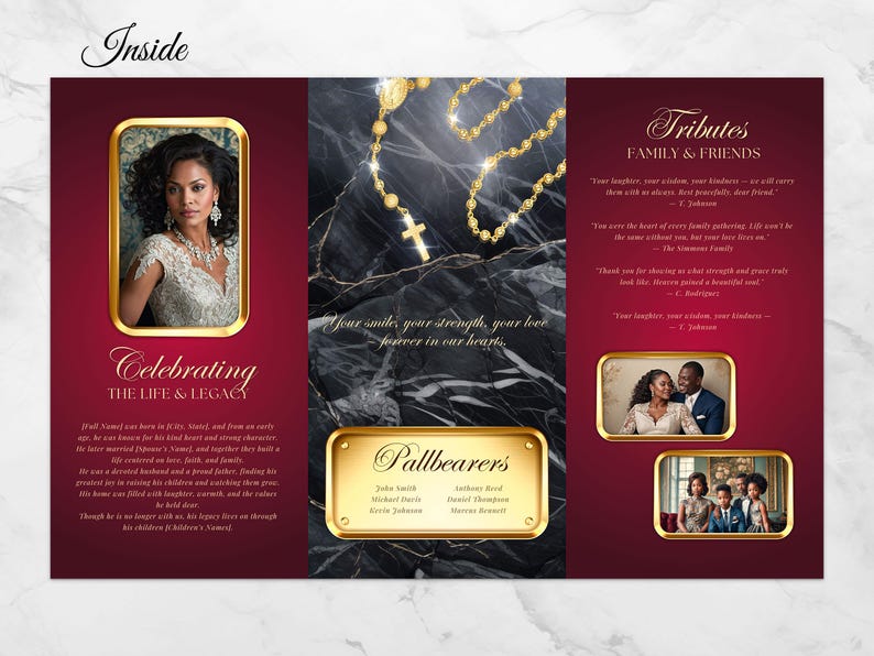 Women's Funeral Program Template – Red Roses Obituary (canva, 11x17 ...