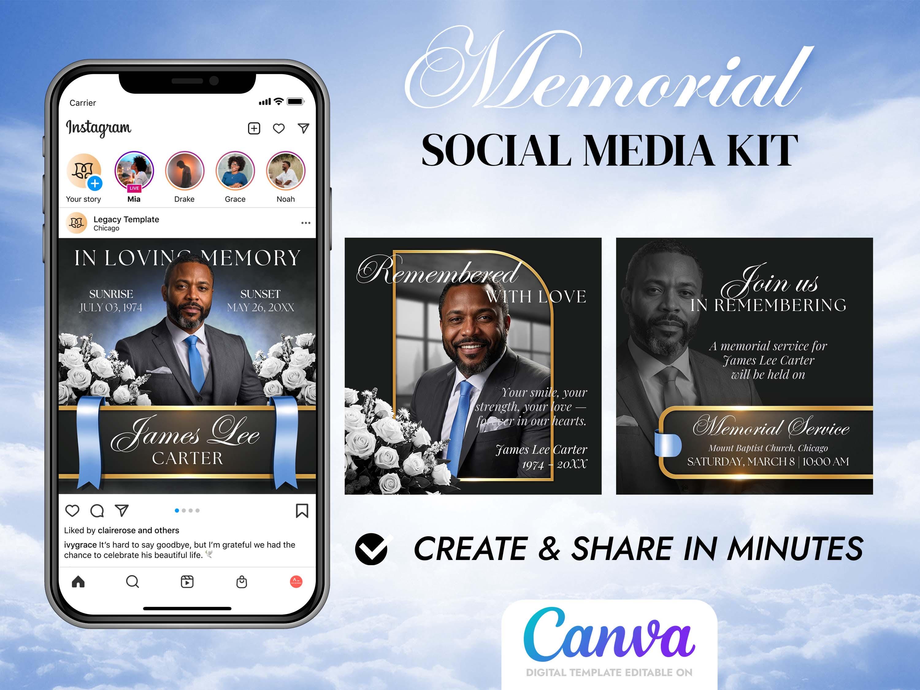 Elegant Funeral Announcement Template – Social Media Memorial ...