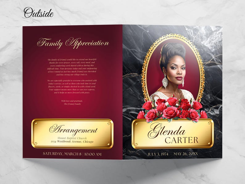 Red & Gold Funeral Program Template - Obituary Booklet (digital ...