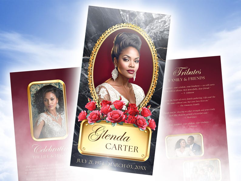 Women's Funeral Program Template – Red Roses Obituary (canva, 11x17 ...