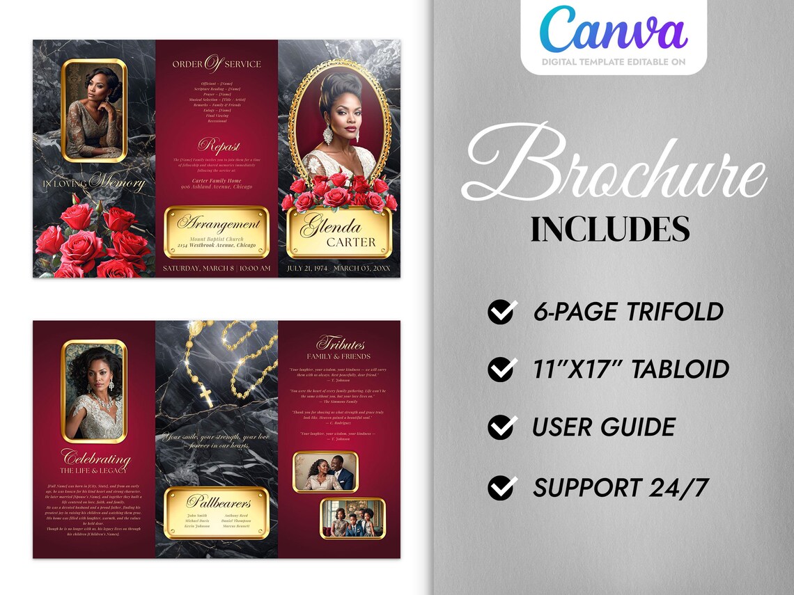 Women's Funeral Program Template – Red Roses Obituary (canva, 11x17 ...