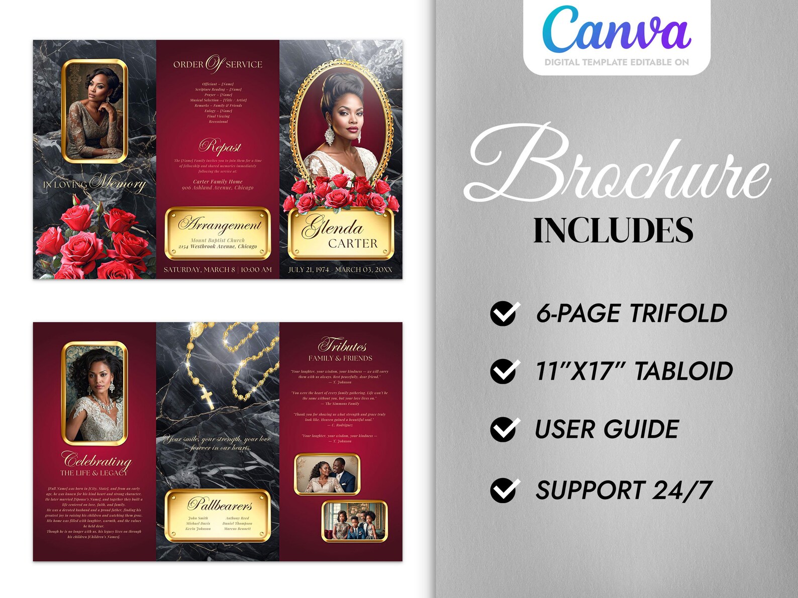 Women Funeral Program Template - Obituary Trifold Template for Lady ...