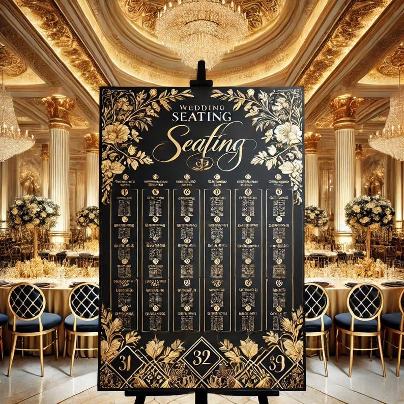 Luxury Black and Gold Wedding Seating Chart | Elegant Reception Table ...