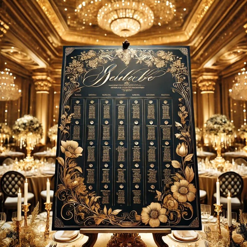 Luxury Black and Gold Wedding Seating Chart | Elegant Reception Table ...