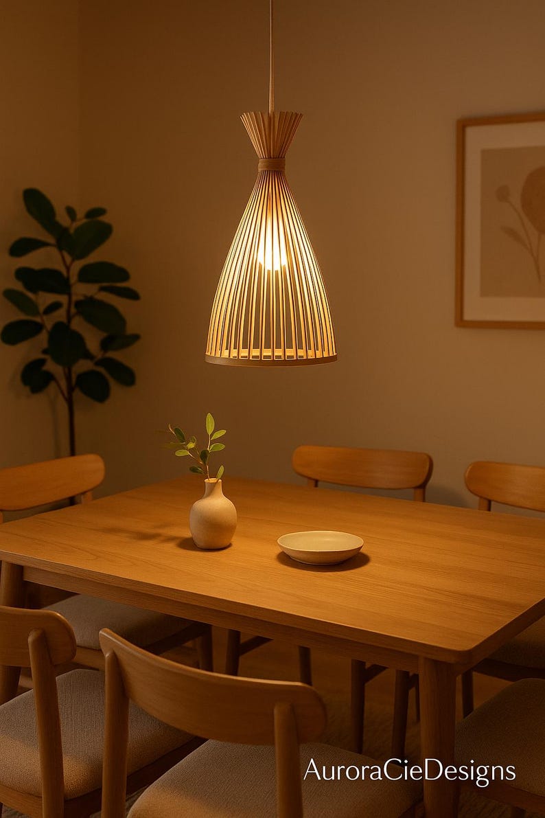 Handmade Bamboo Pendant Light – Cone-shaped Ceiling Lamp – Natural Wood ...