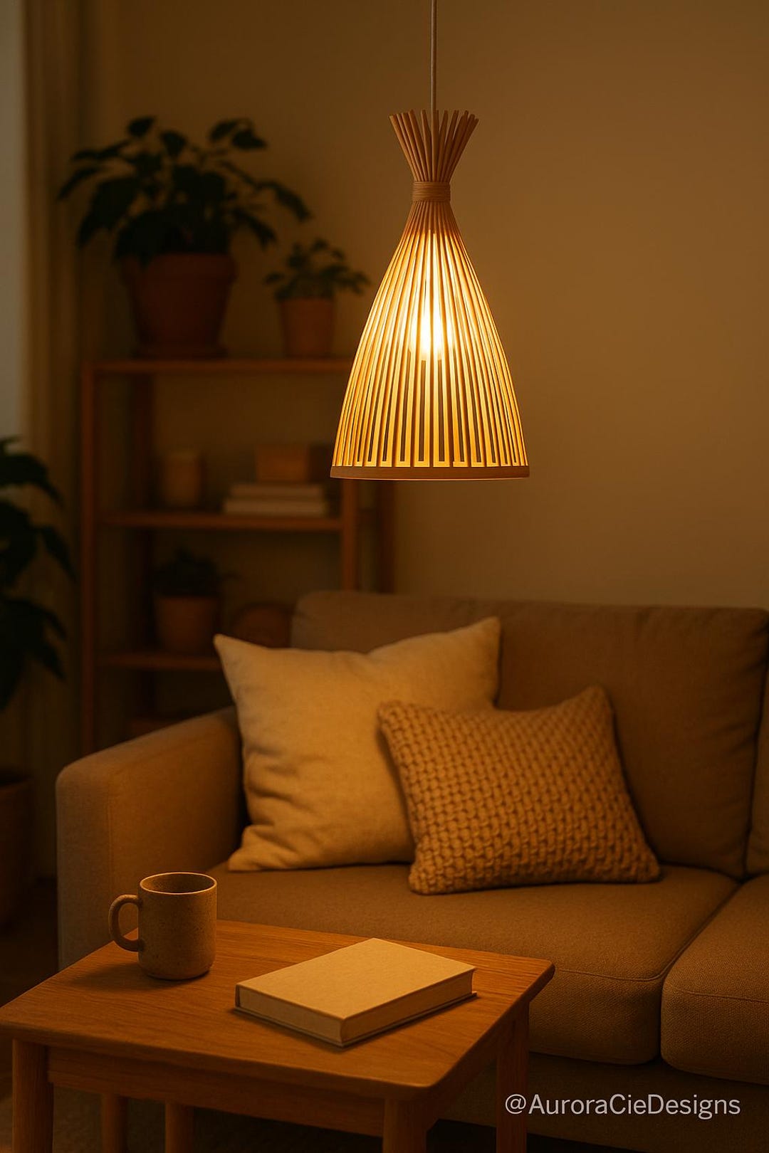 Handmade Bamboo Pendant Light – Cone-shaped Ceiling Lamp – Natural Wood ...