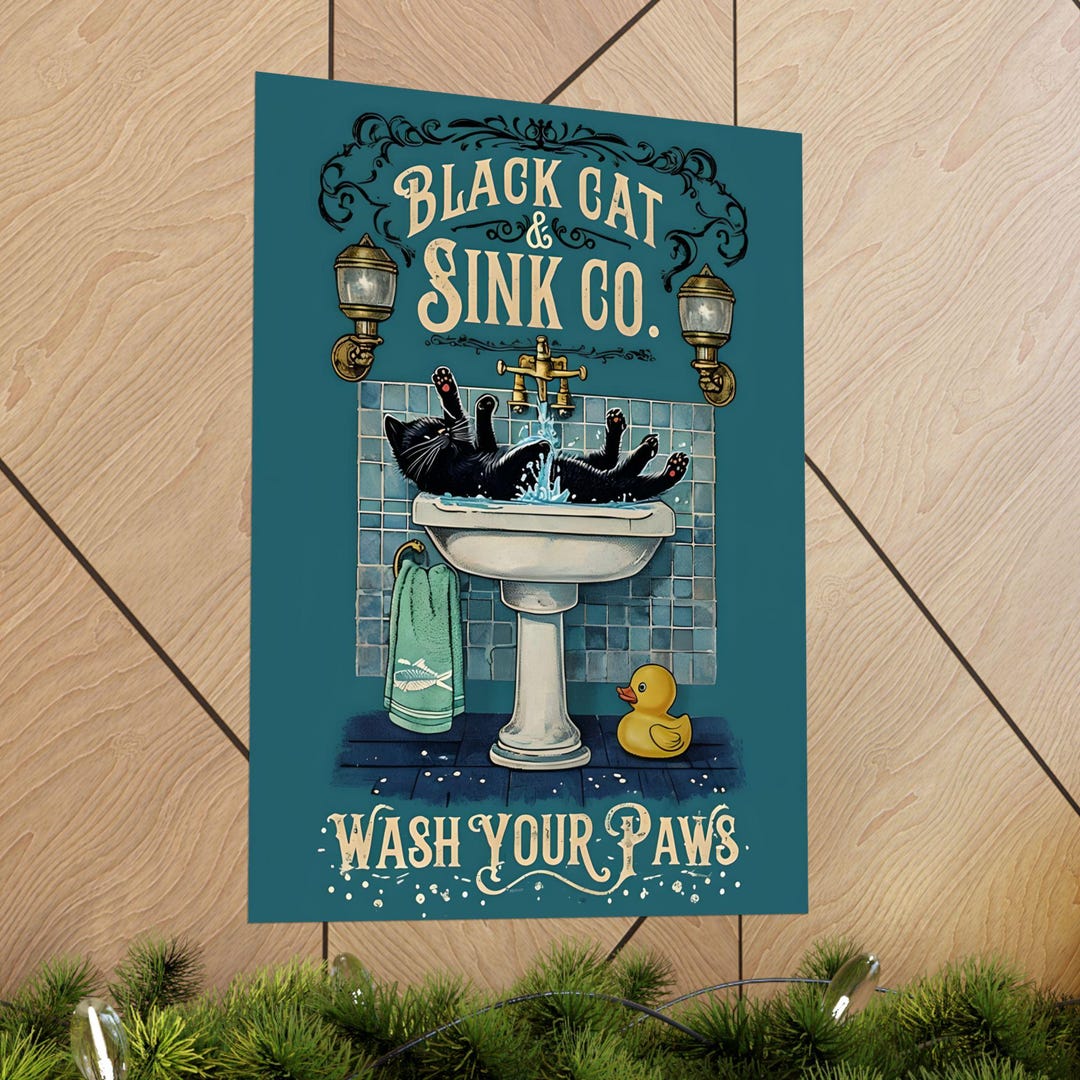 Vintage Black Cat Sink Poster Funny Bathroom Wall Art Wash Your