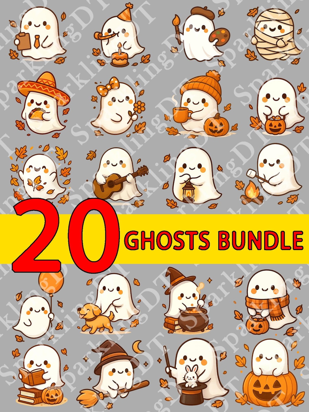 Bundle of 20 Cute Ghosts Clip Art PNG | 20 Different Adorable Halloween ...