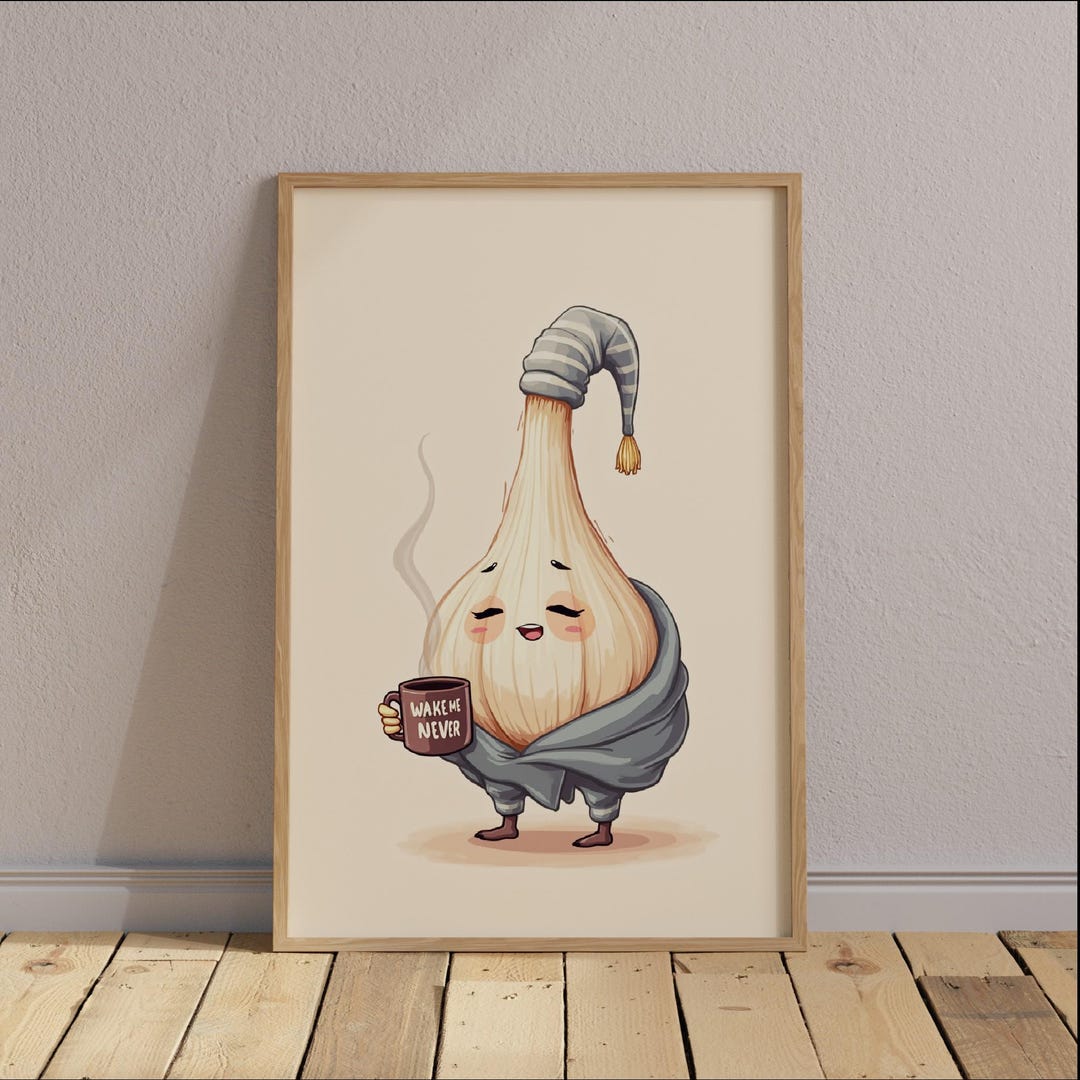 Quirky Garlic Art Print – Digital Sleepy Garlic Character Poster ...