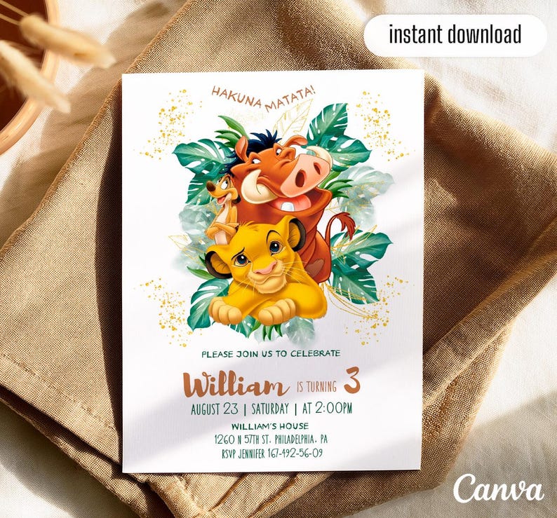 Simba Printable Birthday Invitation Template, Lion King Birthday Invite ...