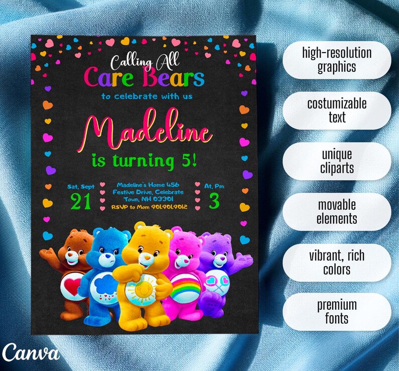 Care Bears Birthday Invitation, Printable Editable Birthday Party ...