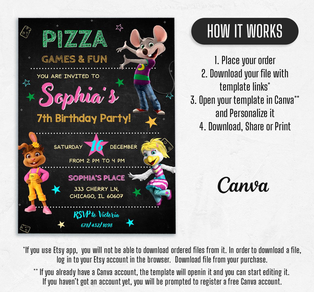 Chuck-e-cheese Editable Invitation, Printable Birthday Invite, Mouse ...