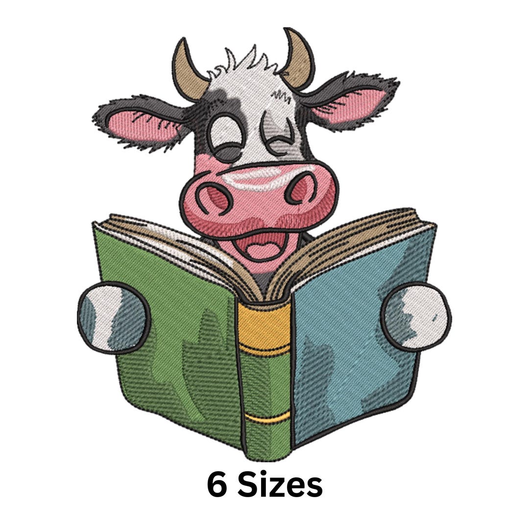 Cute Cow Reading Embroidery Design, Funny Cow Embroidery File, Farm ...