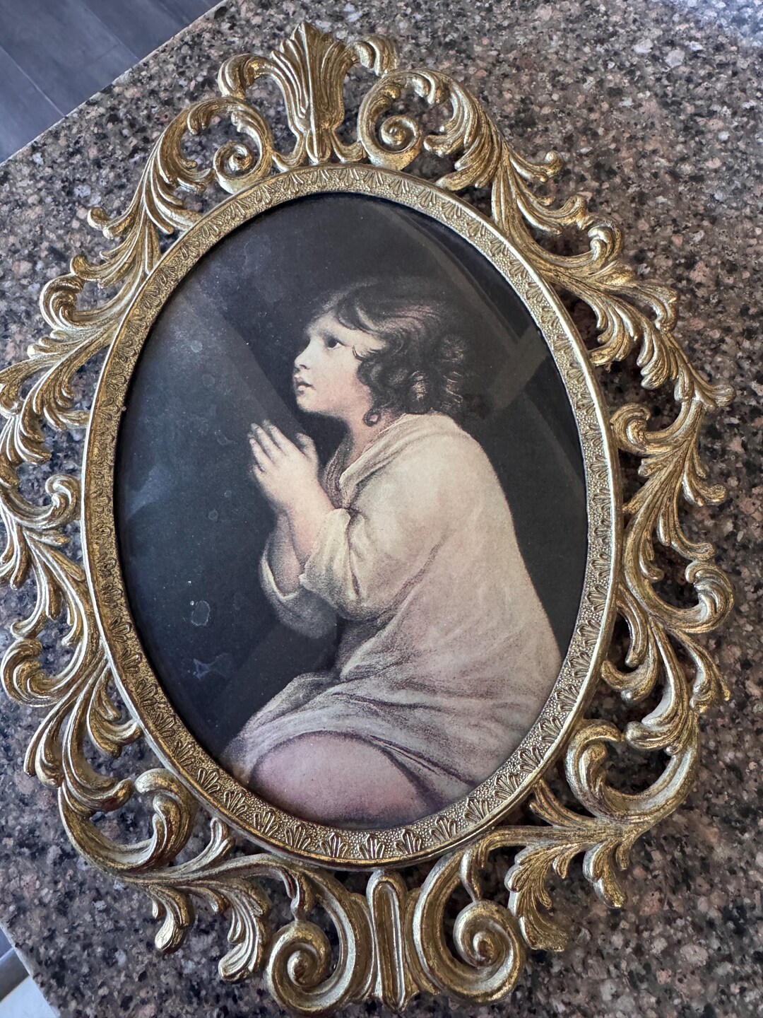 Vintage the Infant Samuel Praying Picture Metal Frame Oval Curved Glass ...