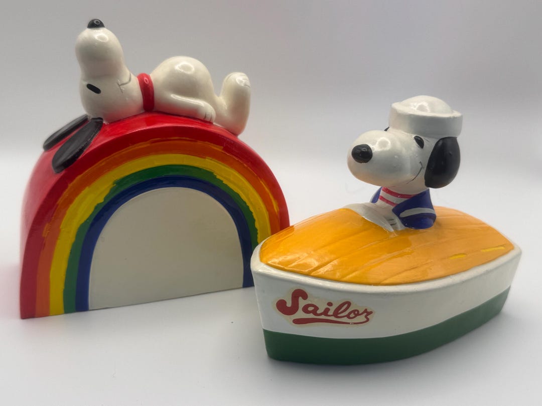 PAIR SNOOPY Sailor Boat & Rainbow Piggy Coin Banks Peanuts 70s Vintage ...