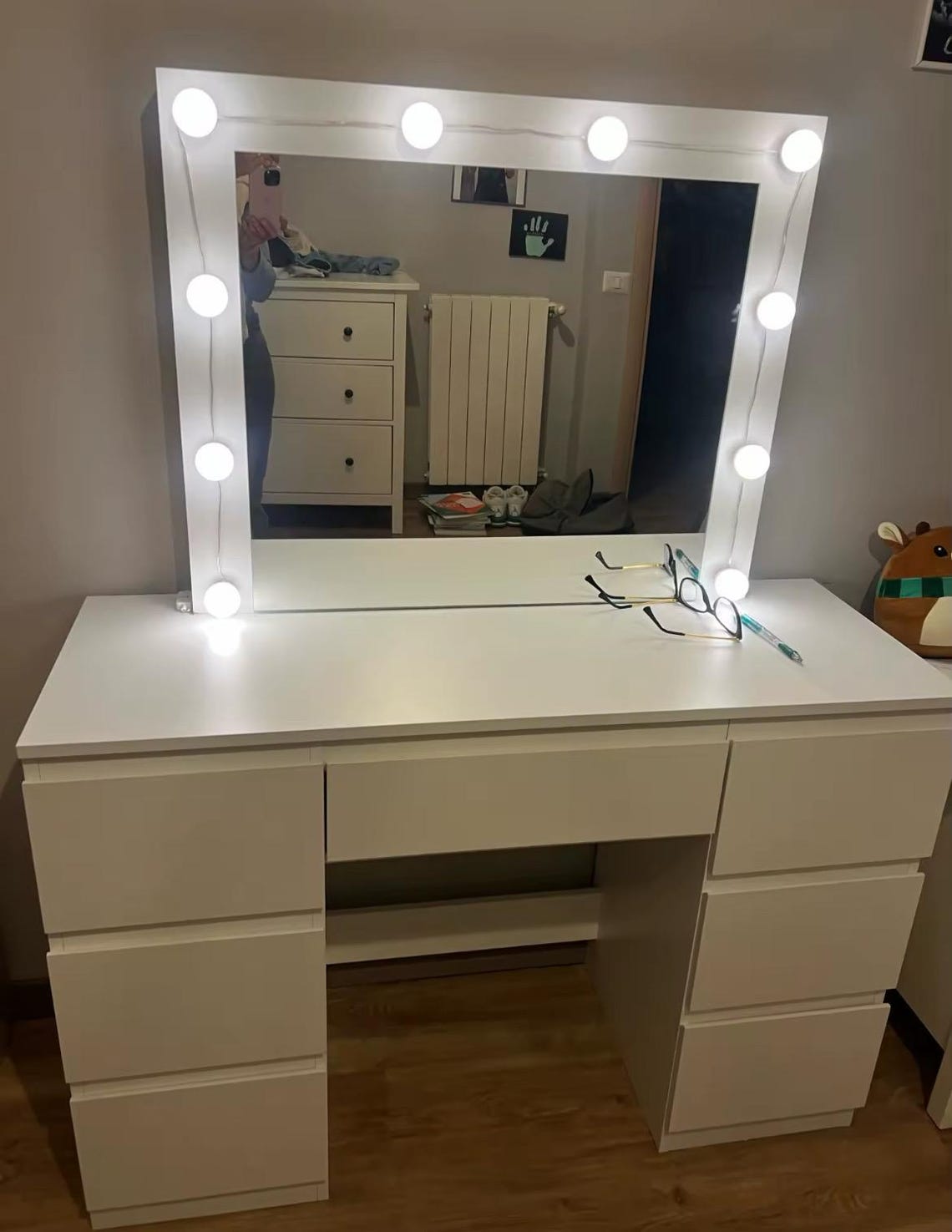 Elegant White Vanity Table With Mirror and LED Lights – Spacious ...