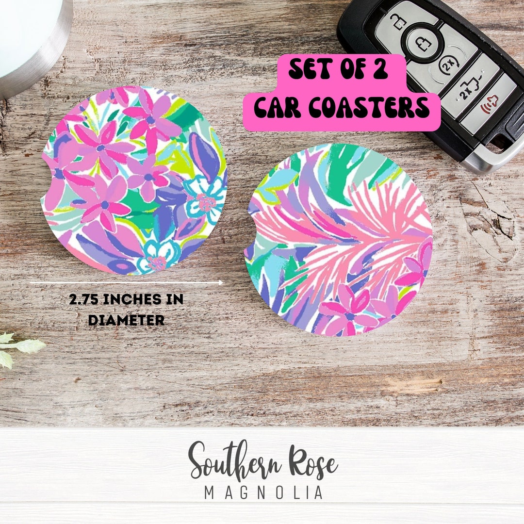 Floral Inspired Neoprene Car Coasters Set of 2, Neoprene Bottom, 2.75 ...