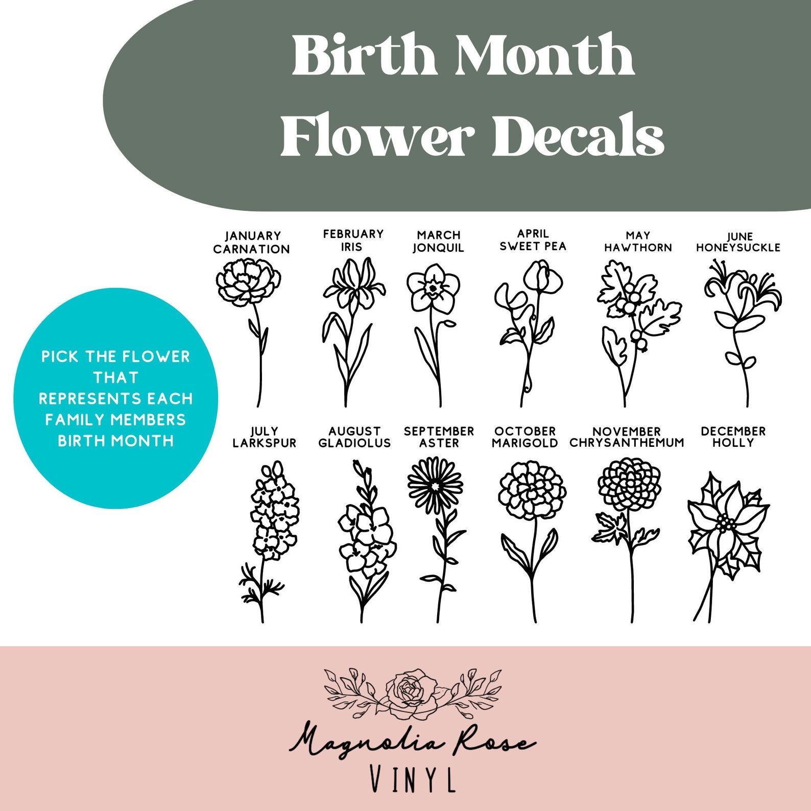 Birth Month Flower Decals Flower Family Car Decal Flower - Etsy