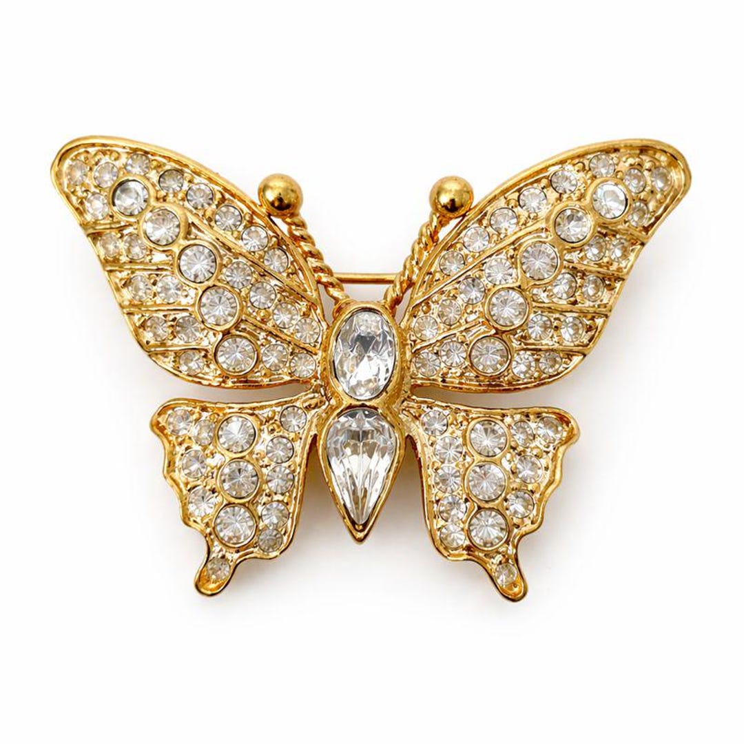 Vintage Rhinestone Butterfly Brooch – Gold Tone Crystal Butterfly Pin ...