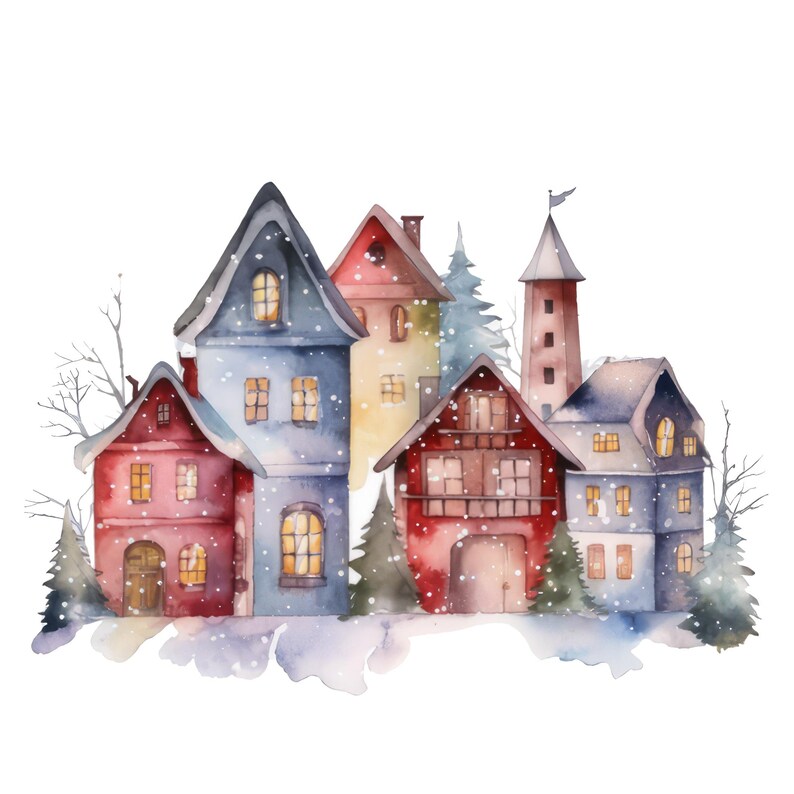 Watercolor Christmas House Clipart Bundle: Cozy Holiday PNG Images ...