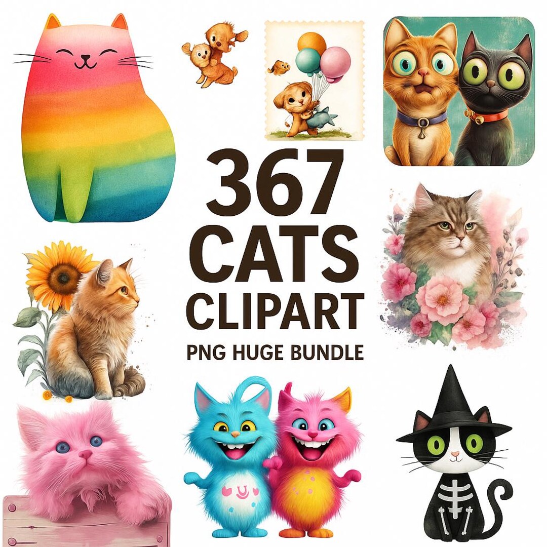 367 Cats Clipart PNG Huge Bundle,cute Funny Cat Illustrations,digital ...