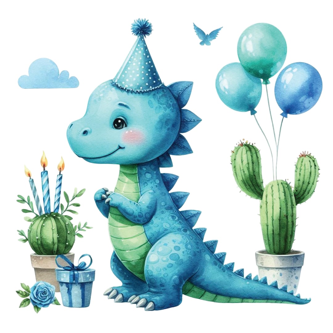 Watercolor Blue Dinosaur Birthday PNG: Cute Dino Clipart for Kids Party ...