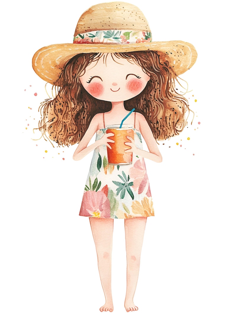 Whimsical Summer Girl Clipart: Cute Watercolor PNG Set for Crafts ...