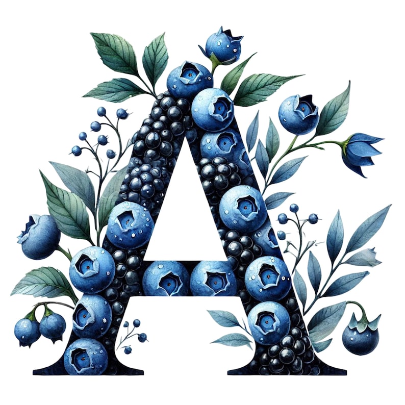 Spring Blueberry Alphabet Clipart – Botanical Letter PNG Set (digital ...