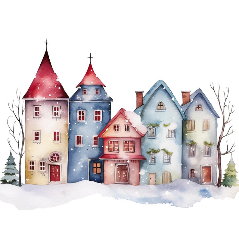 Watercolor Christmas House Clipart Bundle: Cozy Holiday PNG Images ...