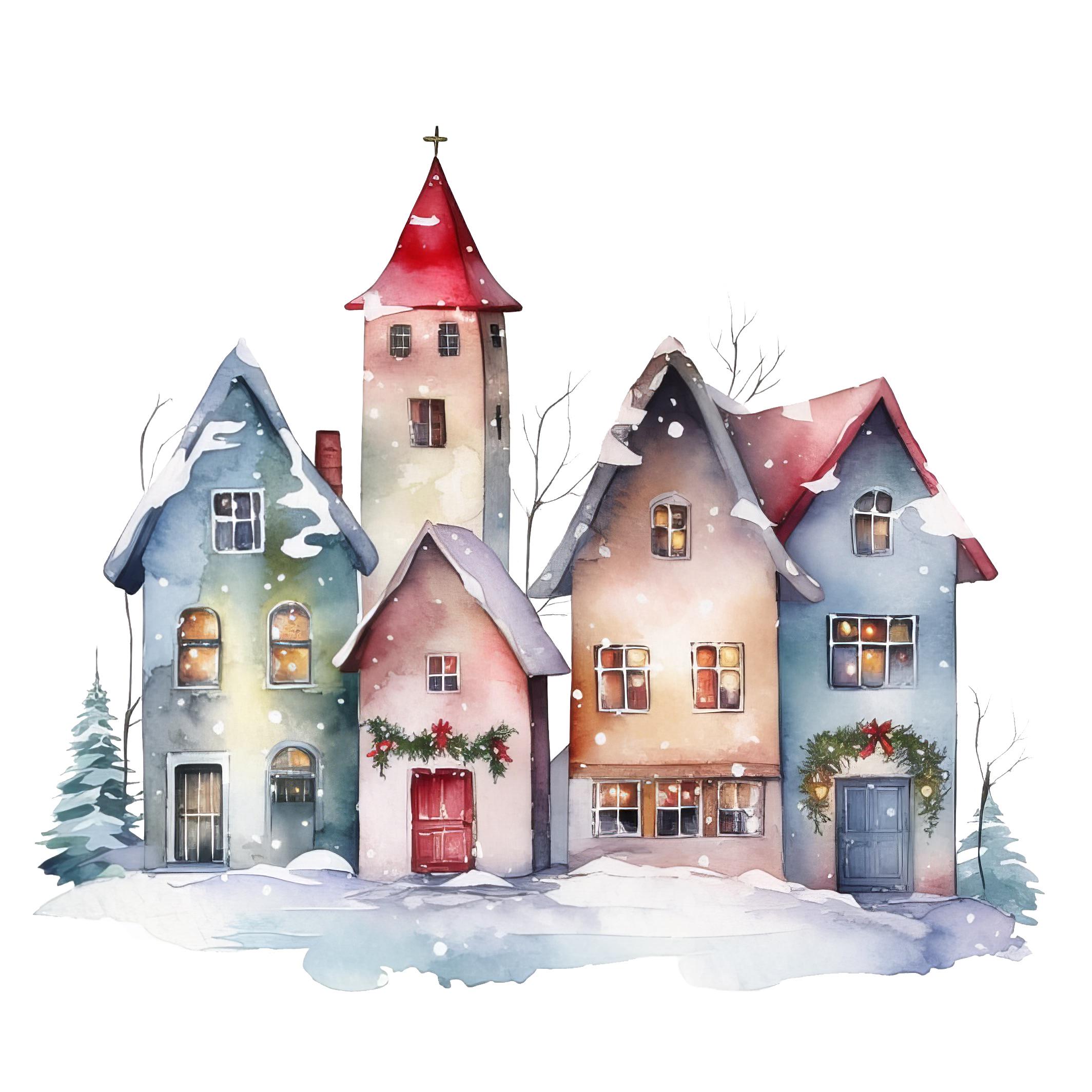 Watercolor Christmas House Clipart Bundle: Cozy Holiday PNG Images ...