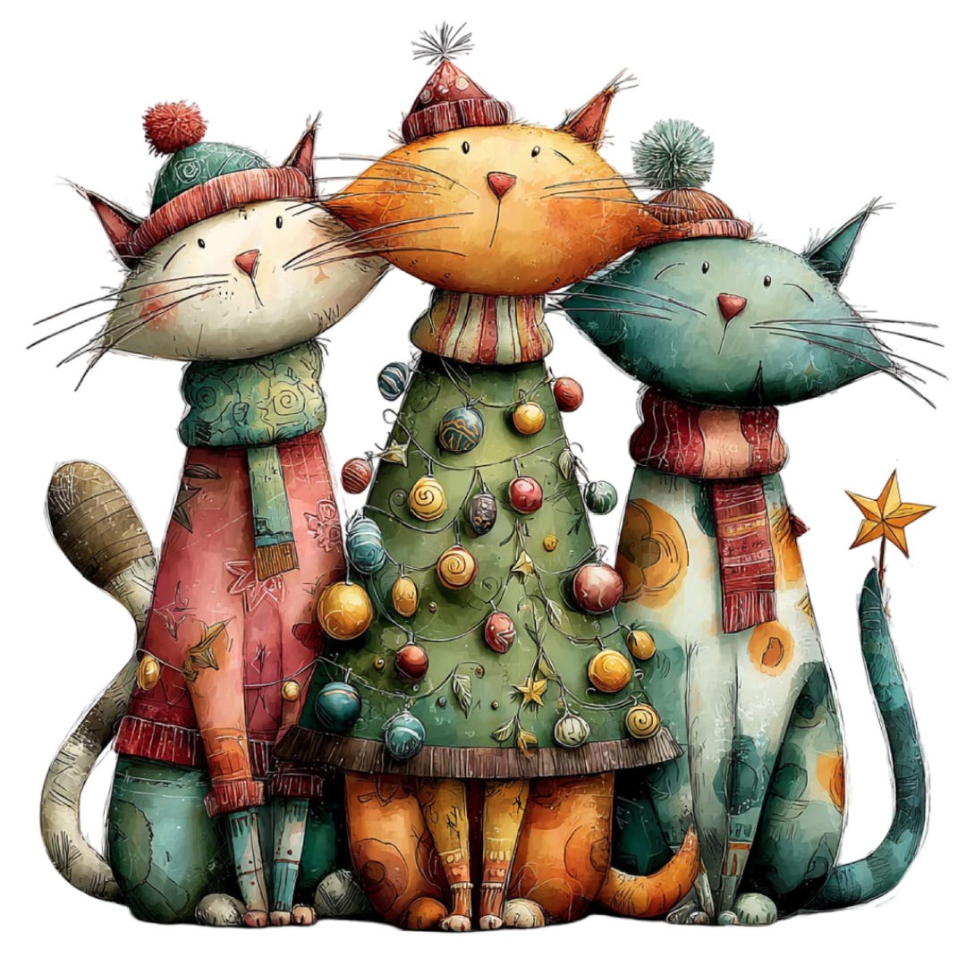 Whimsical Christmas Cats Clipart – Cute Holiday Kitty PNG Bundle ...