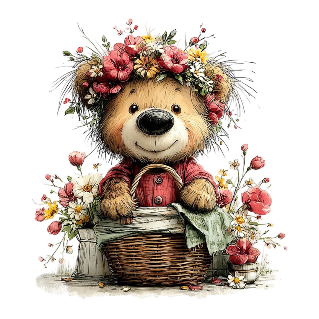 Quirky Spring Teddy Bear Illustration Set: Playful Seasonal Character ...