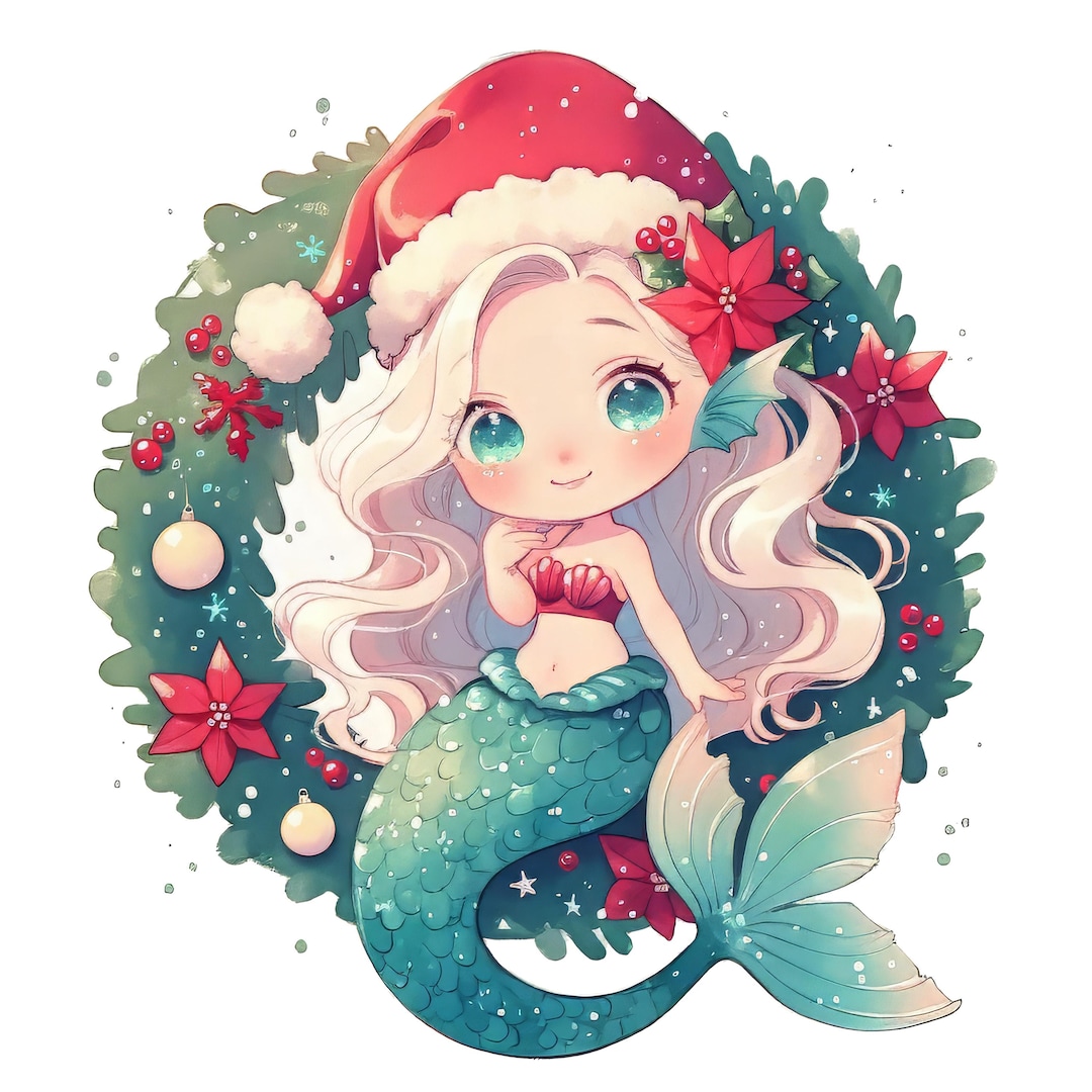 Adorable Mermaid Christmas Clipart Bundle: Cute Holiday PNG Images ...