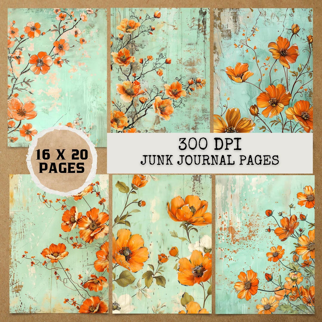 Vintage Mint Orange Floral Journal Pages: Shabby Chic Junk Journal ...