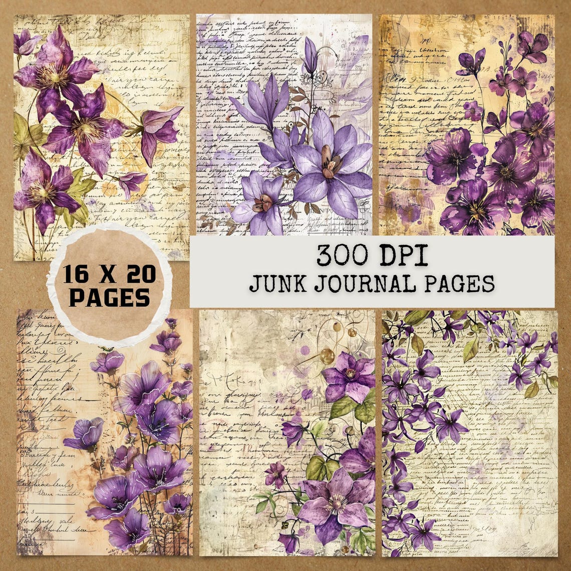 Vintage Purple Floral Journal Pages: Shabby Chic Junk Journal Printable ...