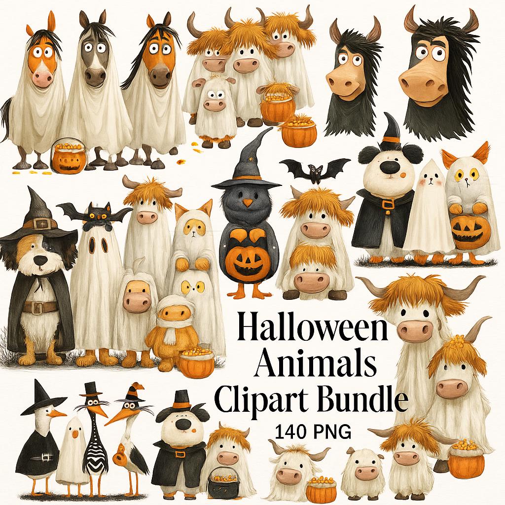 Halloween Animals Clipart Bundle: Spooky Goose, Cow, Rooster, Horse ...