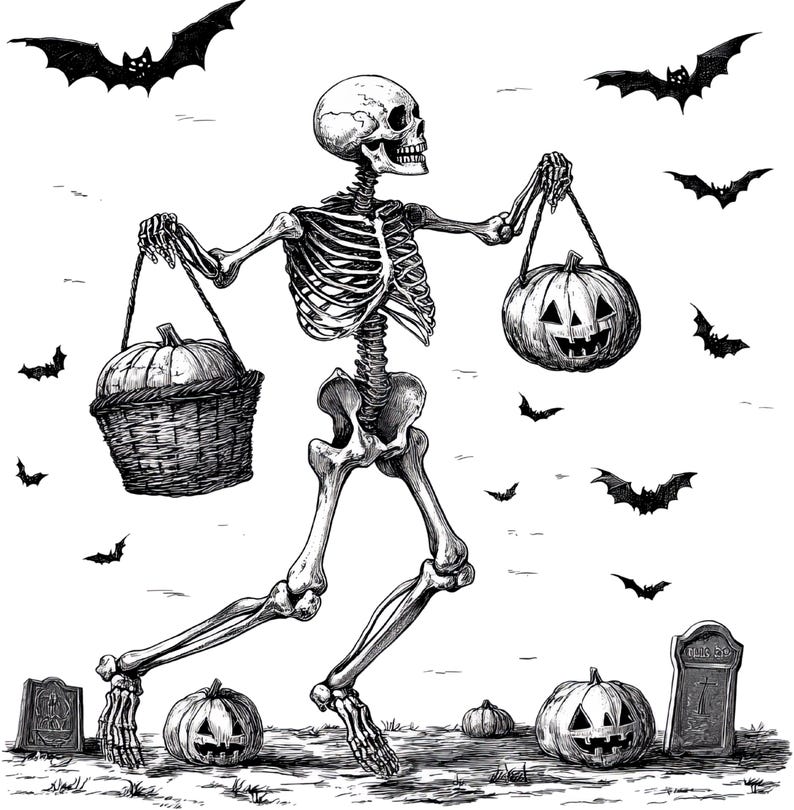 Funny Skeleton Halloween Clipart: PNG Art for Commercial Use (digital ...