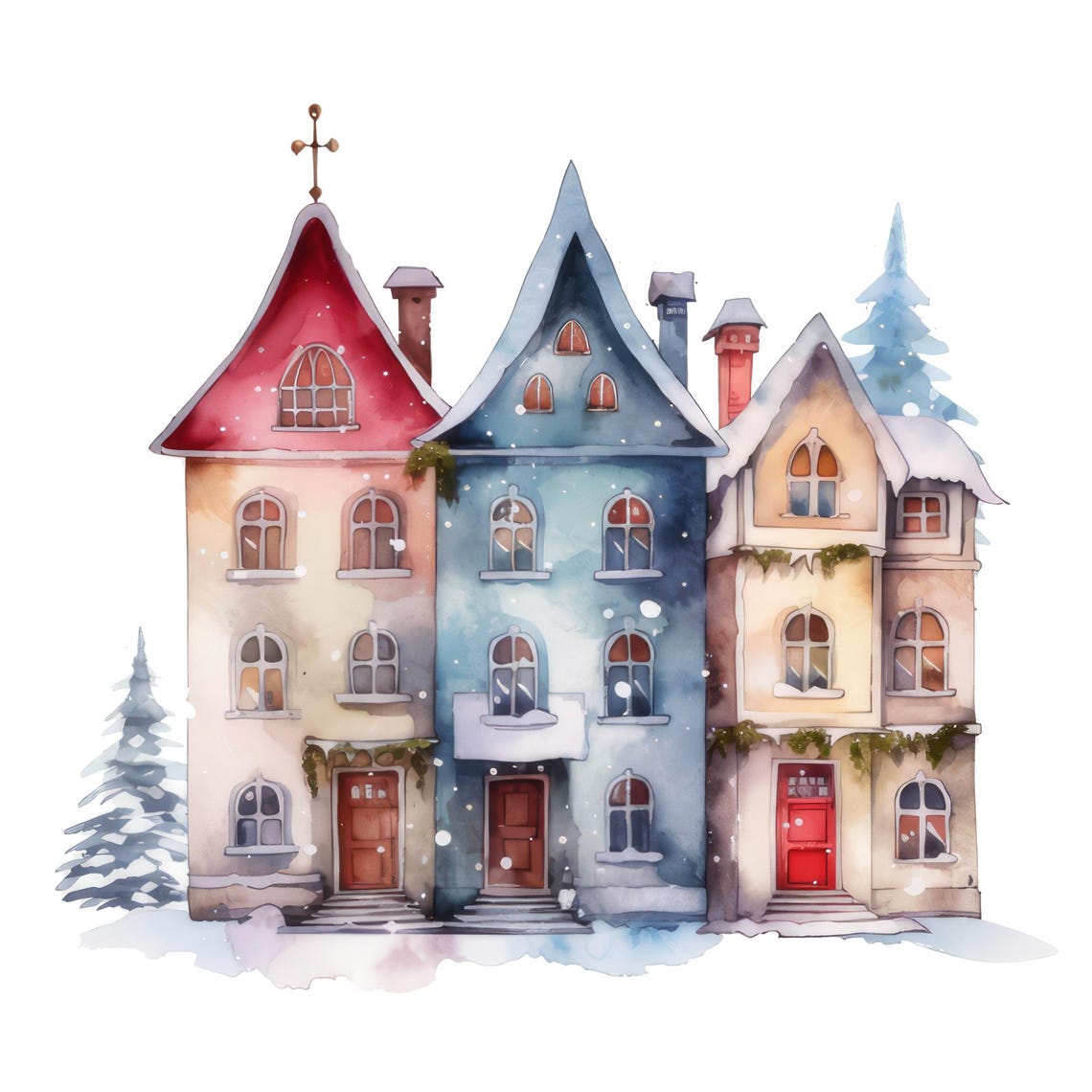 Watercolor Christmas House Clipart Bundle: Cozy Holiday PNG Images ...