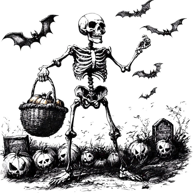 Funny Skeleton Halloween Clipart: PNG Art for Commercial Use (digital ...
