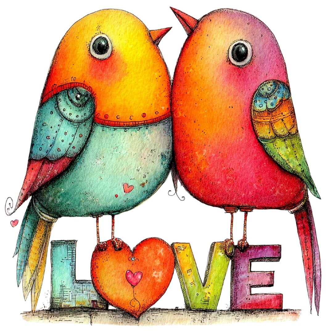 Quirky Valentine Love Birds Clipart – Watercolor Romantic Animal PNG ...