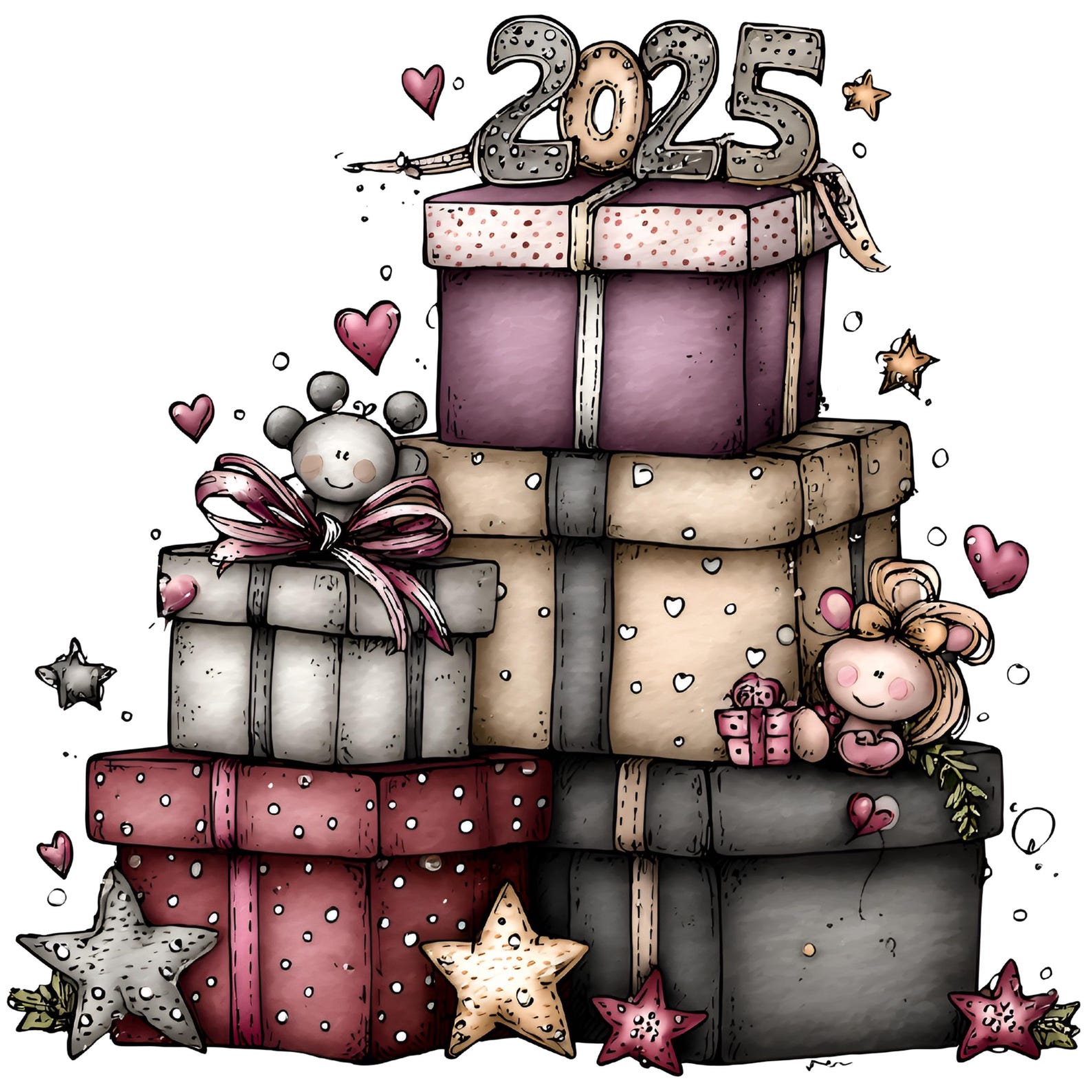 Whimsical New Year Gift Box Clipart – Watercolor Holiday Present PNG ...